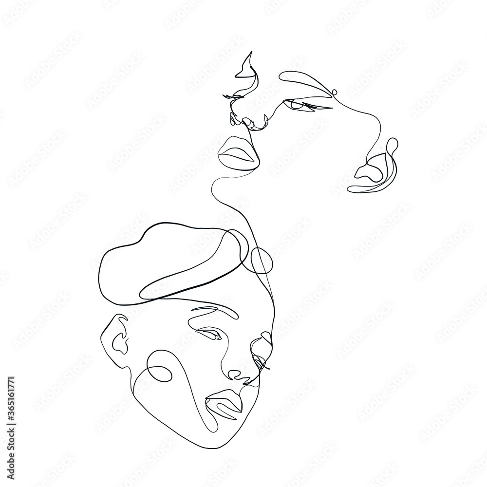 Painting one line young woman or girl portrait face, beauty single icon ...