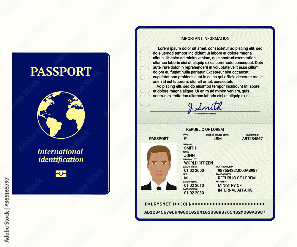 Passport. Vector illustration. Cover and identity pages. Document ...