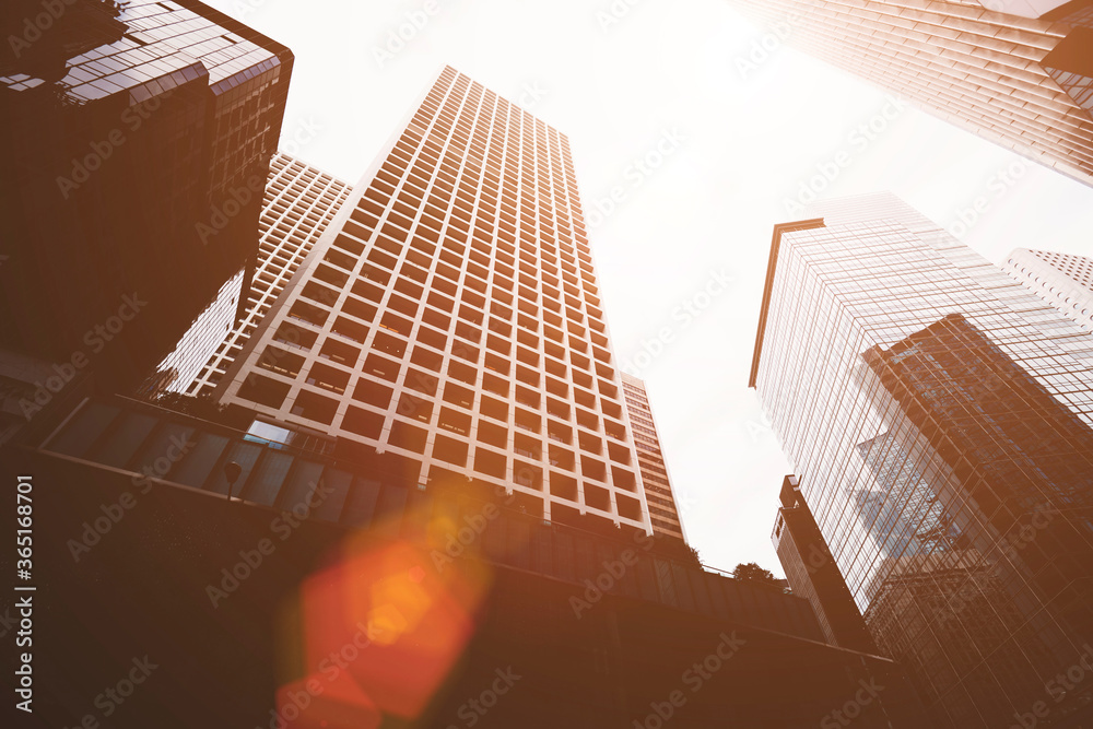 View from below of a high-rise buildings with contemporary architecture ...