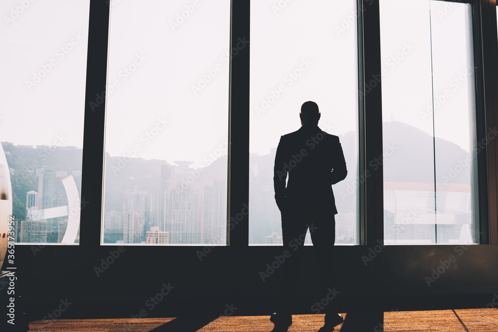Back view of male financial manager dressed in formal wear looking out ...