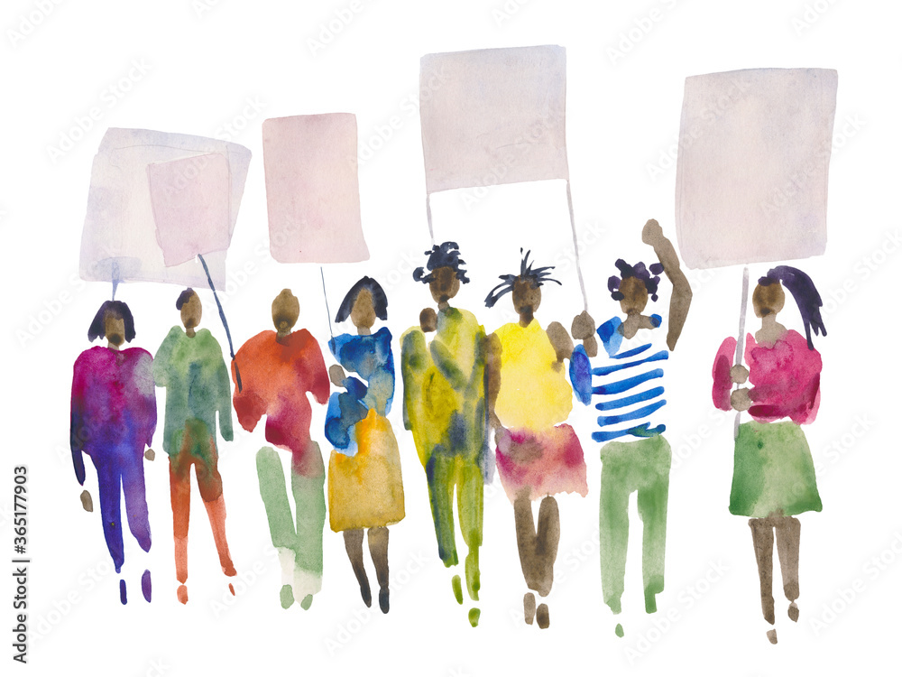 Hand drawn watercolor illustration of a group of black people holding ...