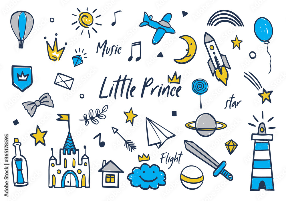 Doodle baby boy little prince sketch set. Collection of black hand ...