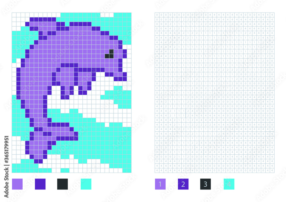Pixel dolphin cartoon in the coloring page with numbered squares ...