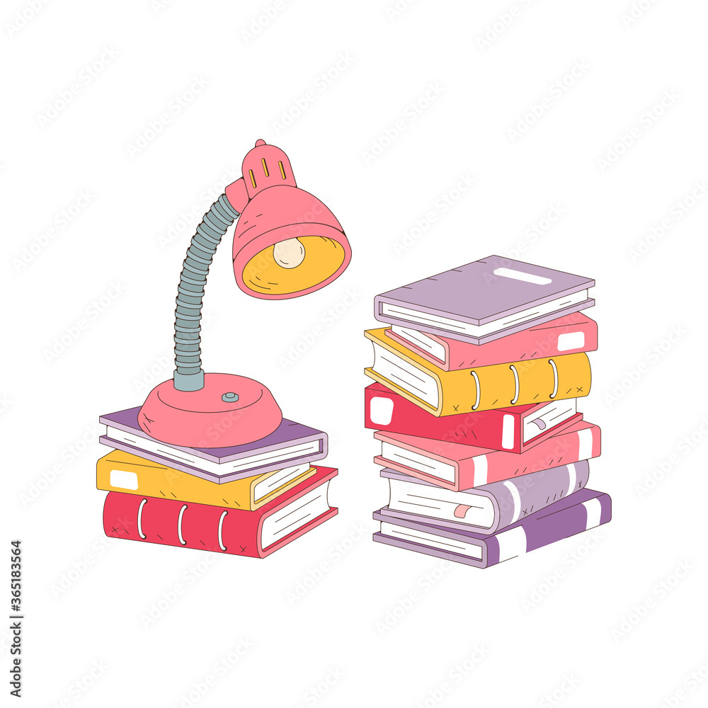 Stack of books and desk lamp isolated on white background. Pile of ...