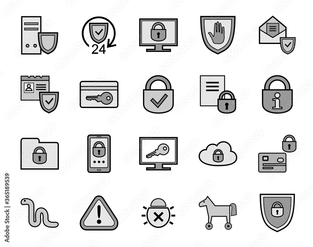 Personal data protection, icon set, gray. Gray images with a black ...