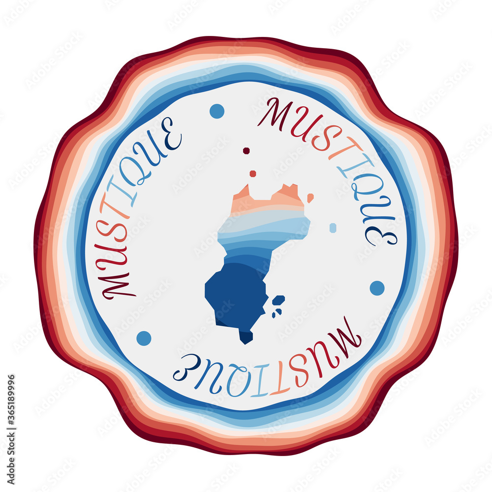 Mustique badge. Map of the island with beautiful geometric waves and ...