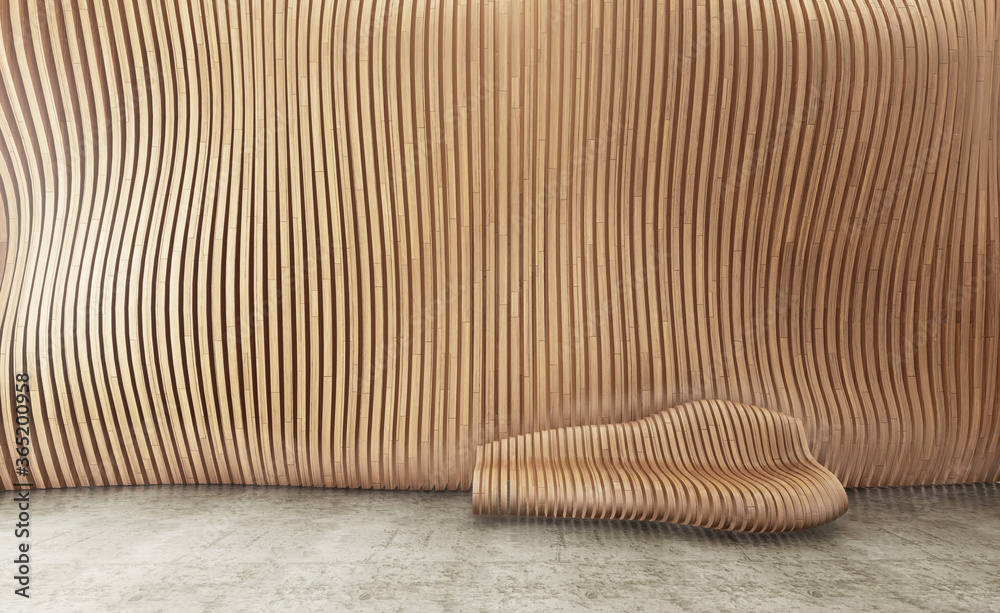 Interior background with parametric wooden panel wall & bench,curve on ...