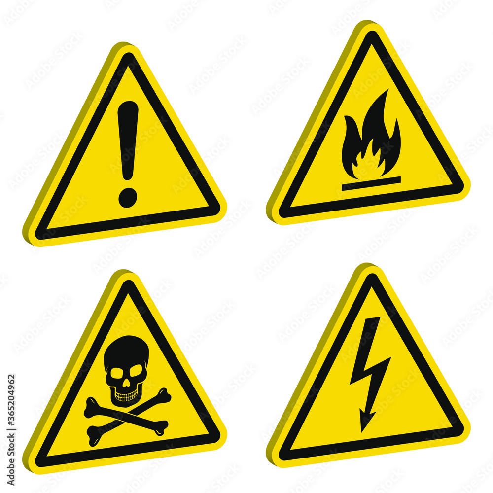 Caution signs: high voltage, flammable, deadly, other hazards. 3D signs ...