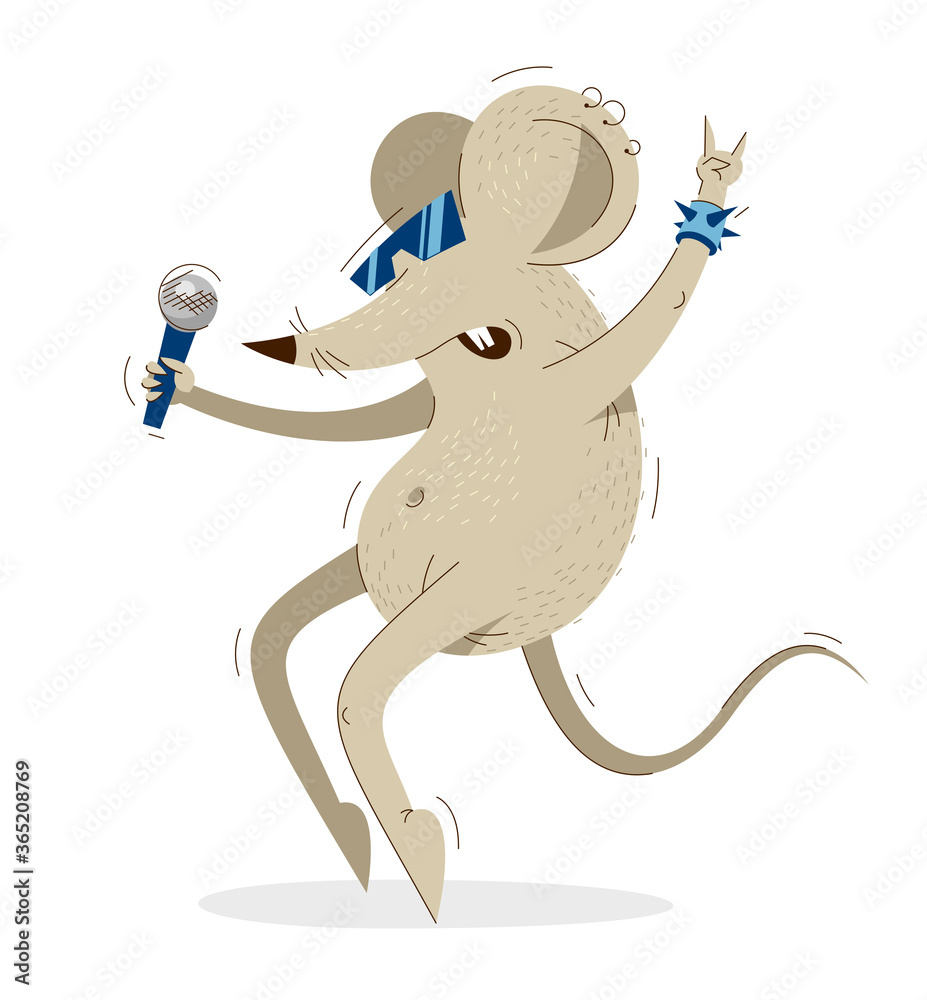 Funny cartoon mouse singing with microphone like a rock or pop star ...