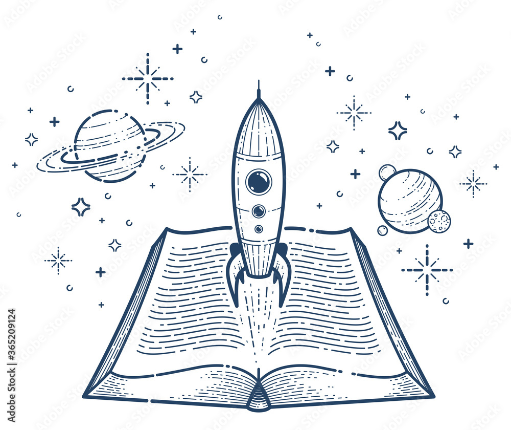 Open book with launching rocket vector linear icon, missile start up ...