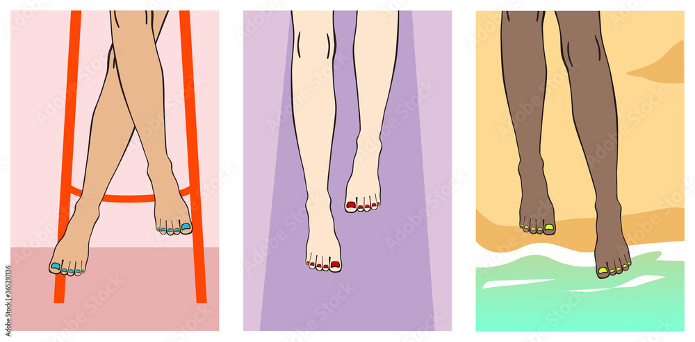 A vector set of female legs of different skin colors with colorful ...