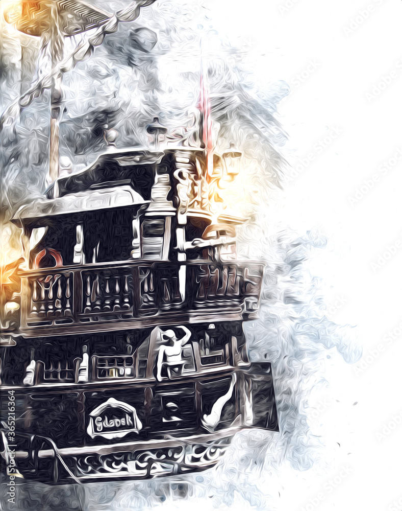 Pirate ship sailing on the sea illustration art drawing sketch vintage ...