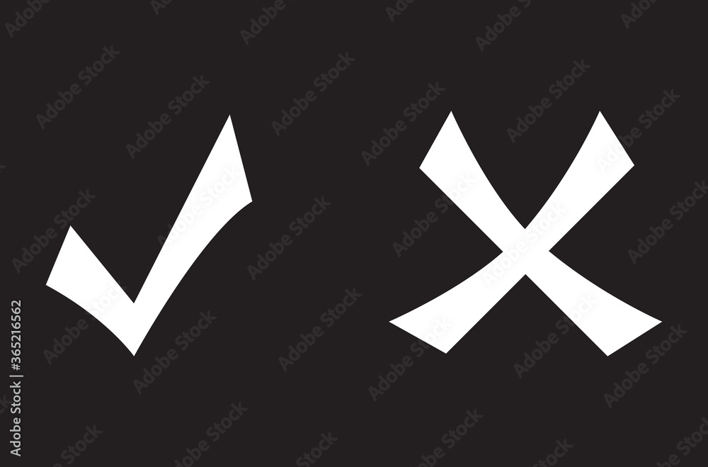 Check mark and white cross vector icons isolated on black background ...