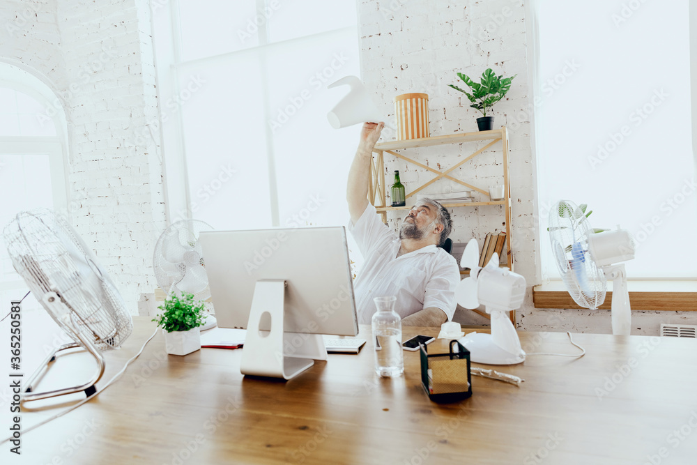 Watering. Businessman, manager in office with computer and fan cooling ...