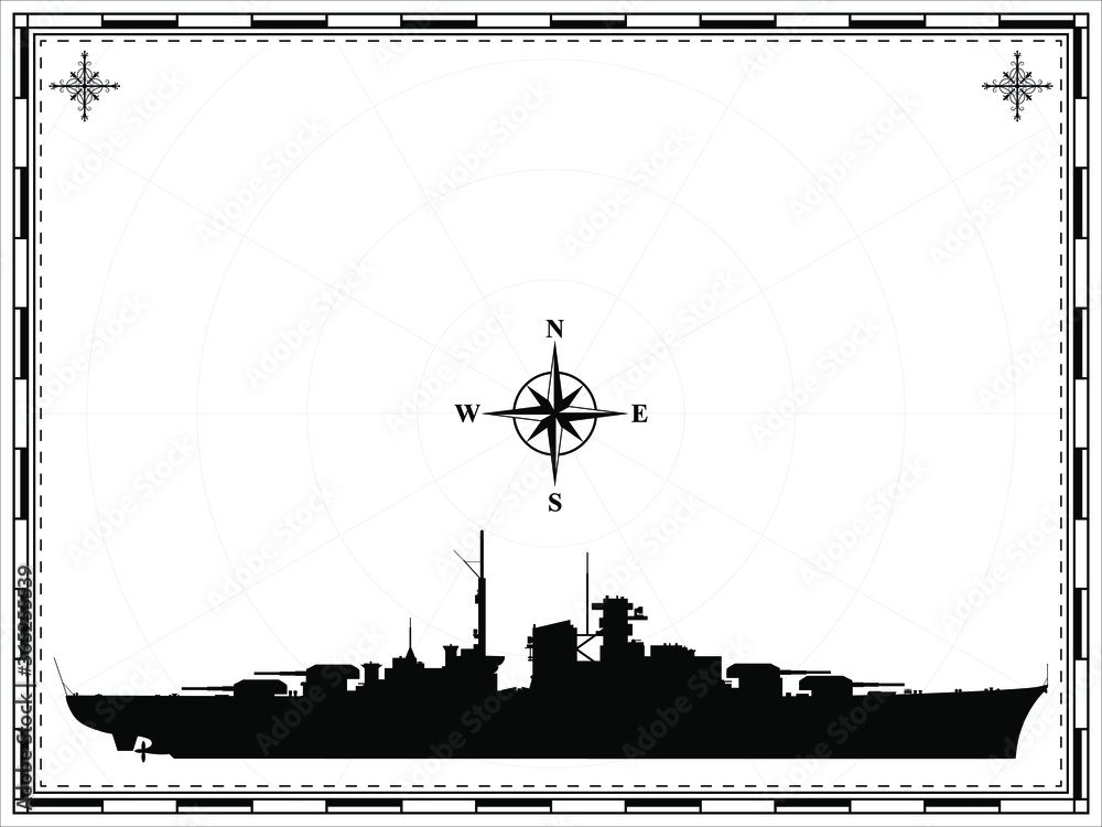 Detailed ship vector on the background of the map. Wind rose. Vector ...