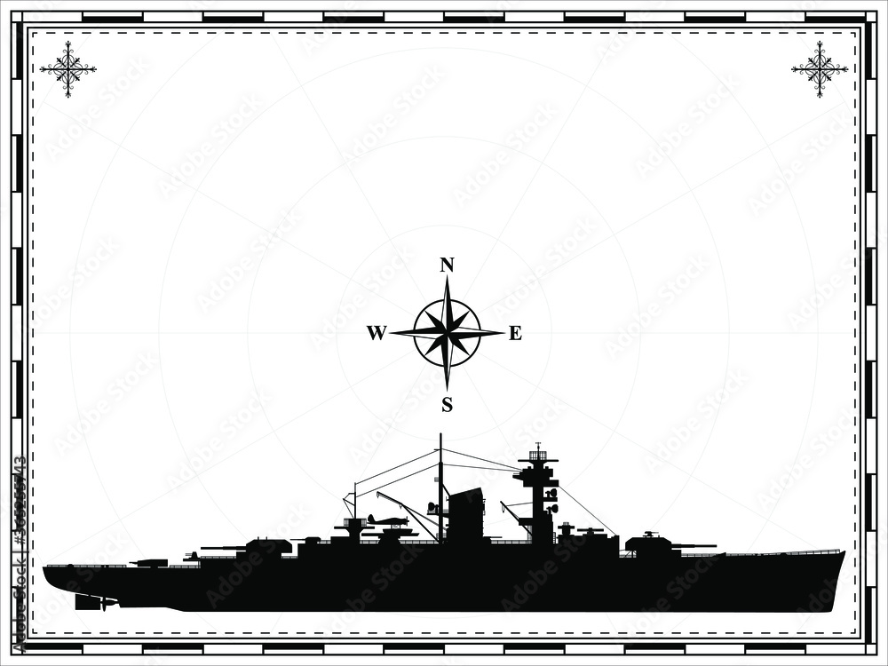 Vector military ship on the background of the map. Wind rose. Vector ...