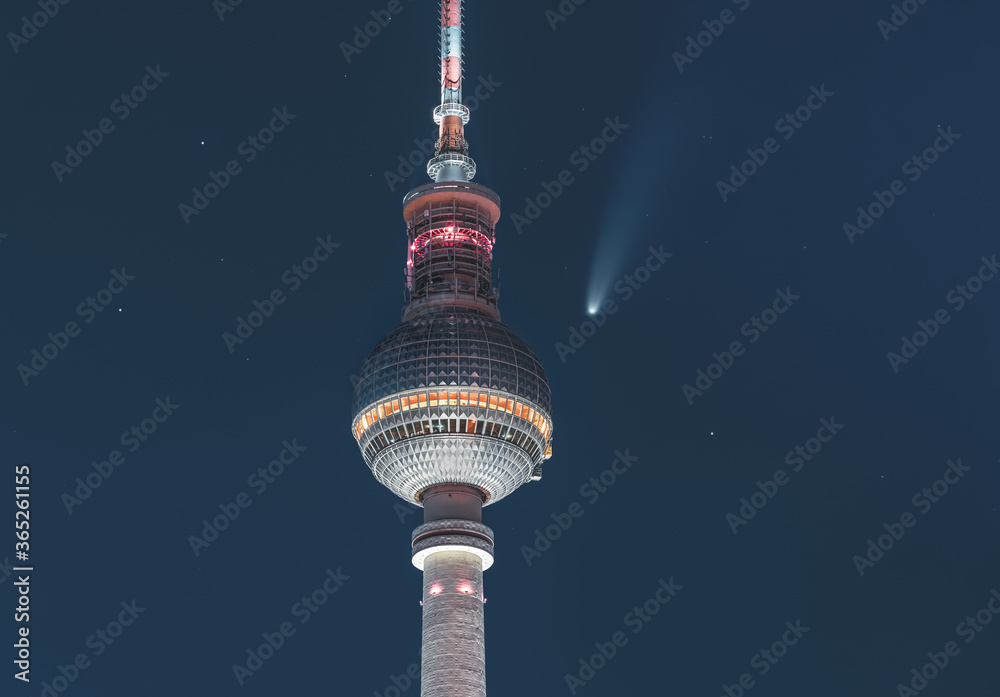 Neowise Comet visible in city of Berlin over TV tower with illuminated ...