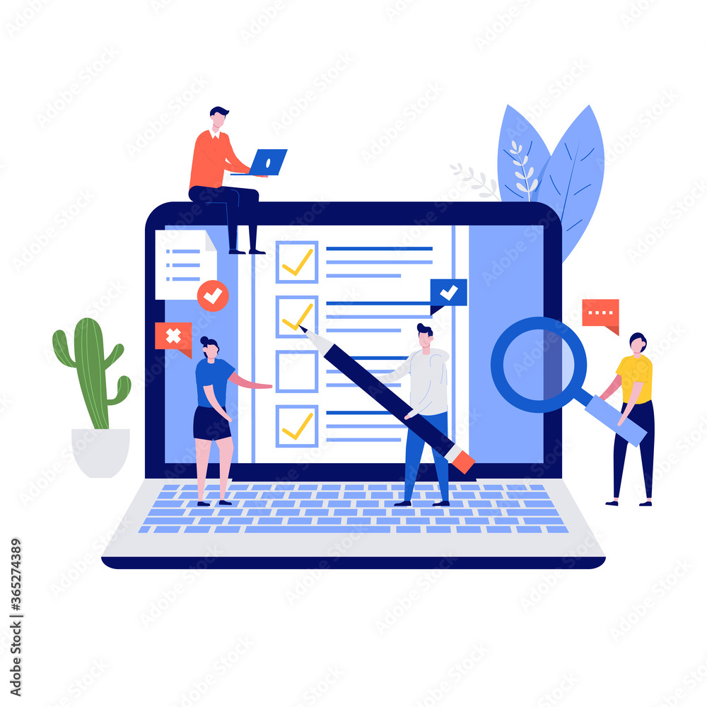 Online survey concept with people characters, laptop and questionnaire ...