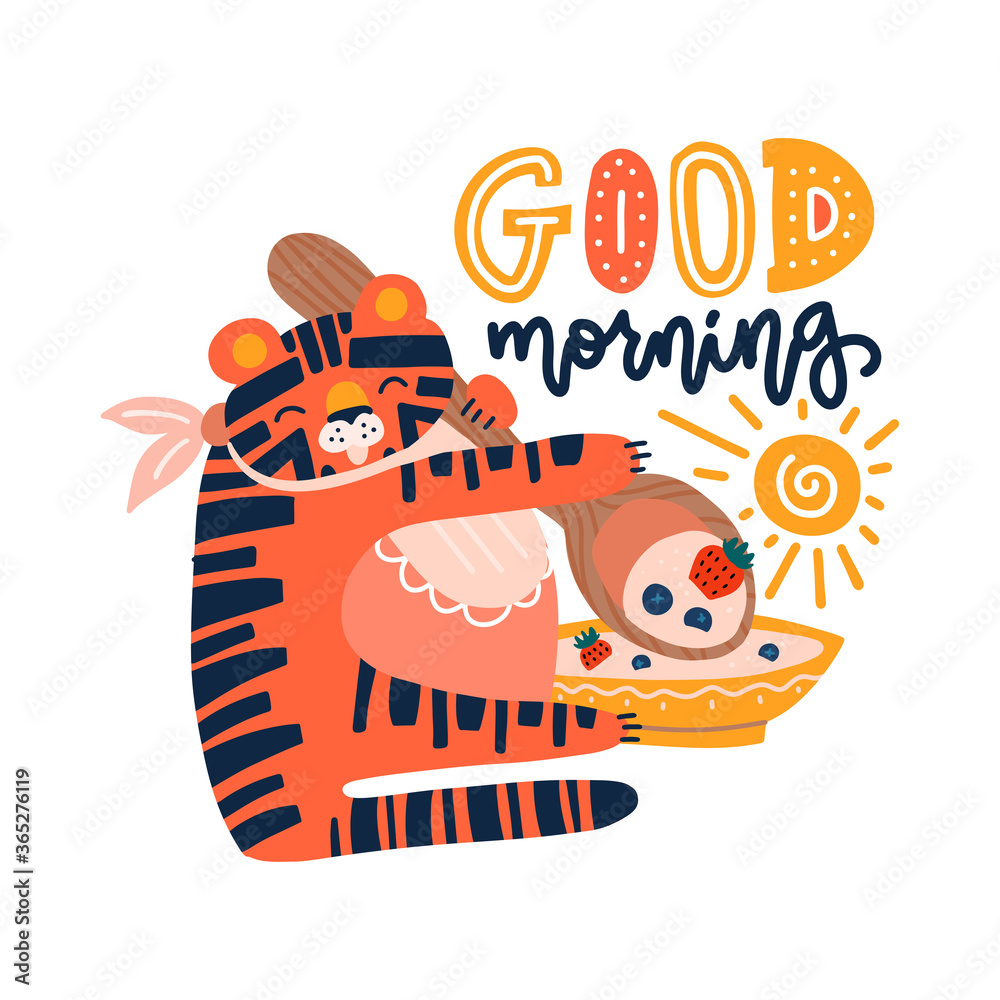 Hand drawn vector illustration of a cute tiger eating cereal, with ...
