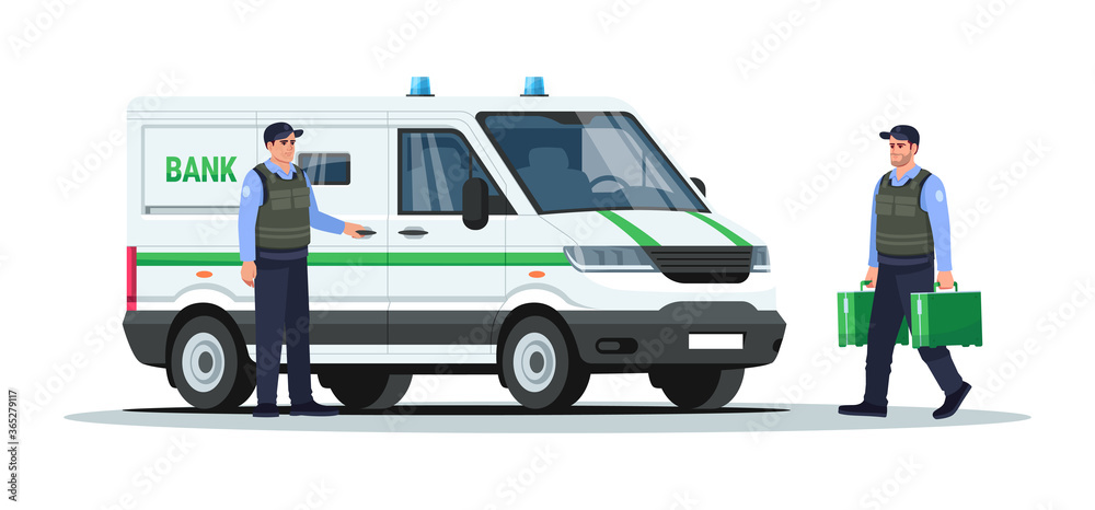 Bank truck with guards semi flat RGB color vector illustration. Armored ...