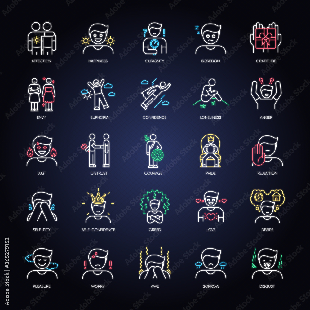 Human feelings neon light icons set. Positive and negative emotions ...