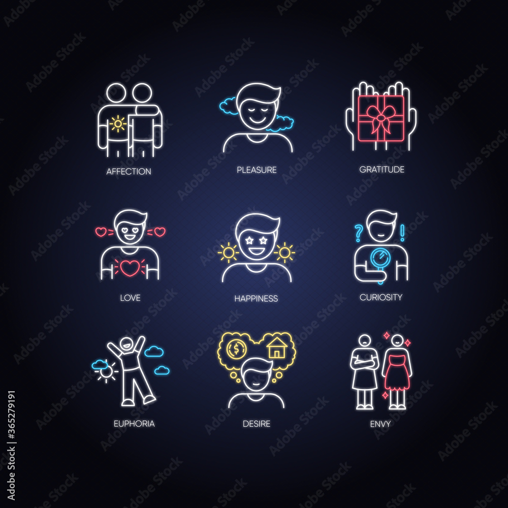 Feelings and emotions neon light icons set. Various emotional reactions ...
