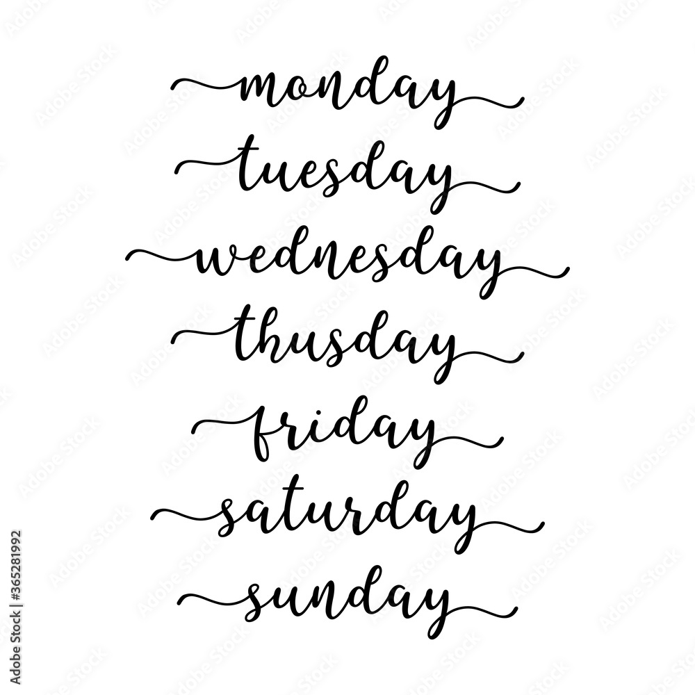 Hand Lettered Days of the Week. Calligraphy words Monday, Tuesday ...