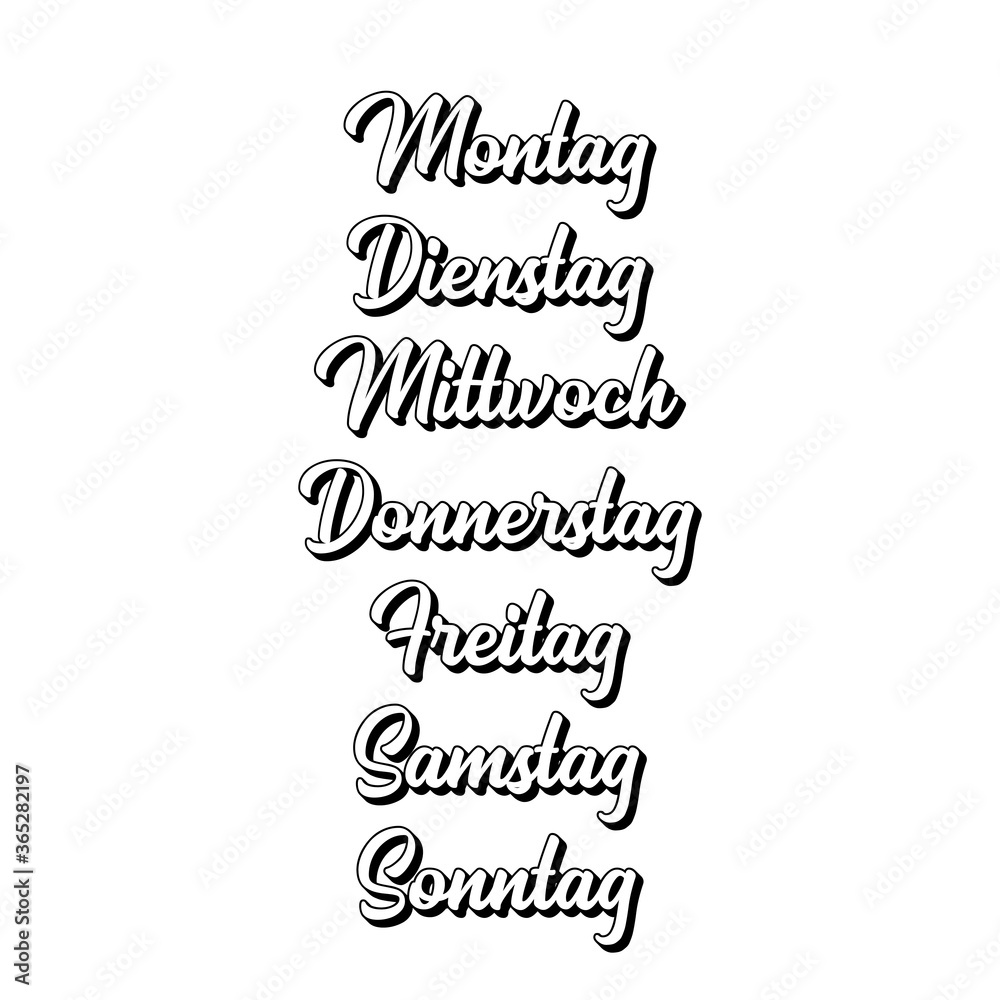 Hand Lettered Days of the Week in German. Translated: Monday, Tuesday ...