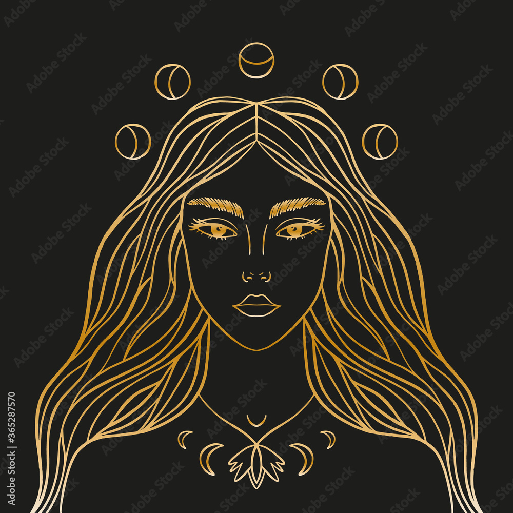 Moon night goddess. Magic fairy, enchantress, shaman woman. Hand drawn ...