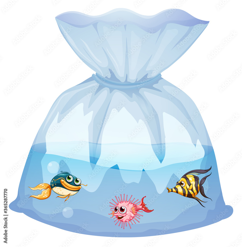 Cute fishes in plastic bag cartoon isolated Stock Vector | Adobe Stock
