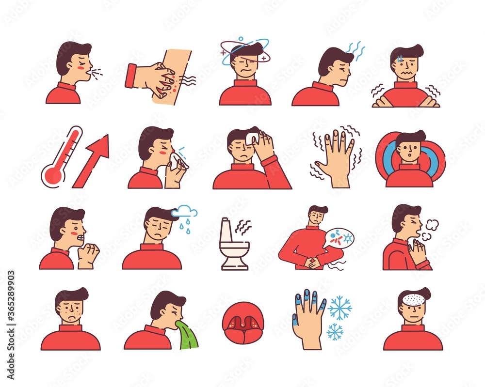 Symptoms of disease icons. Strong coughing character weather surges in ...