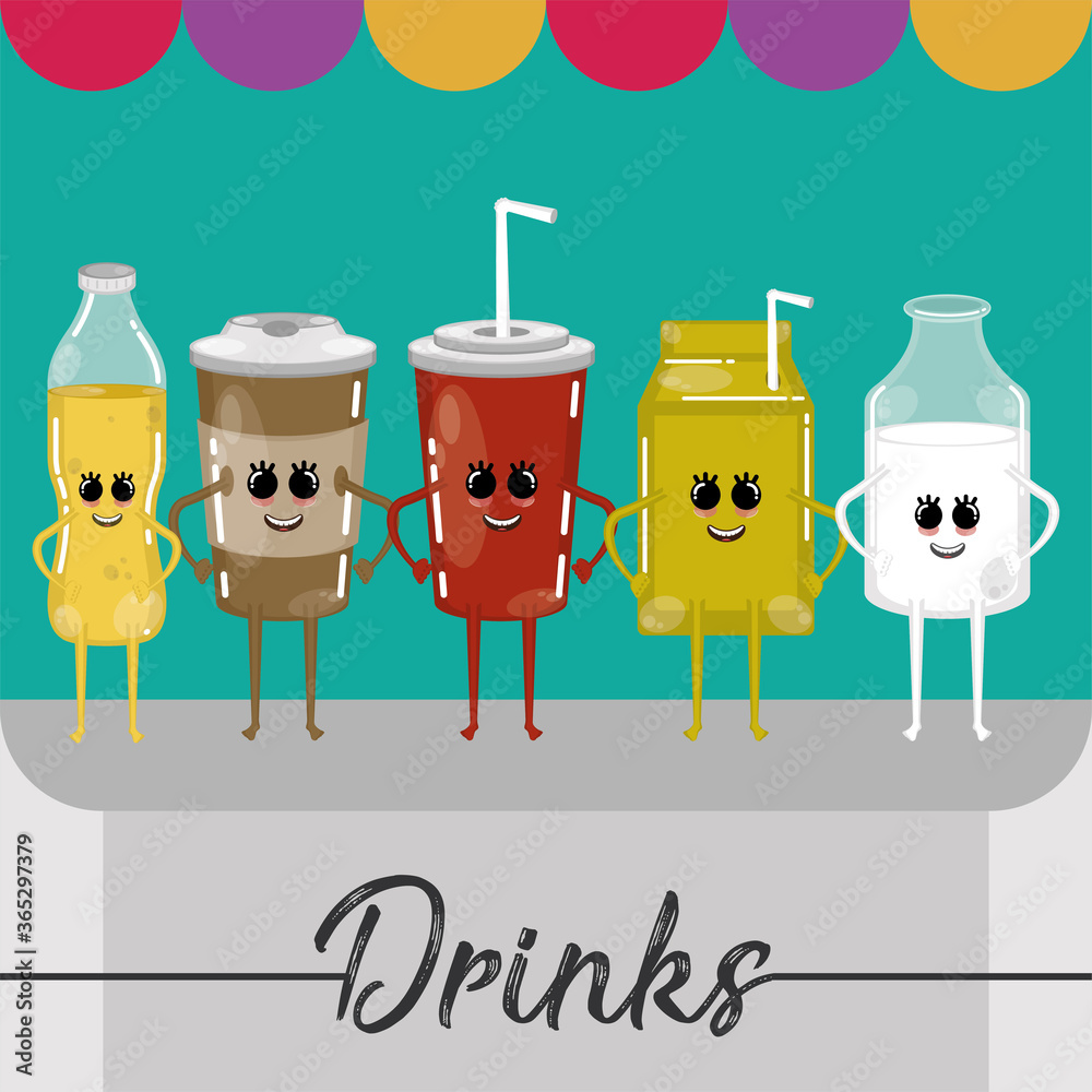 Drinks cartoons illustration. Cartoon of coffe cup, juice bottle, soda ...