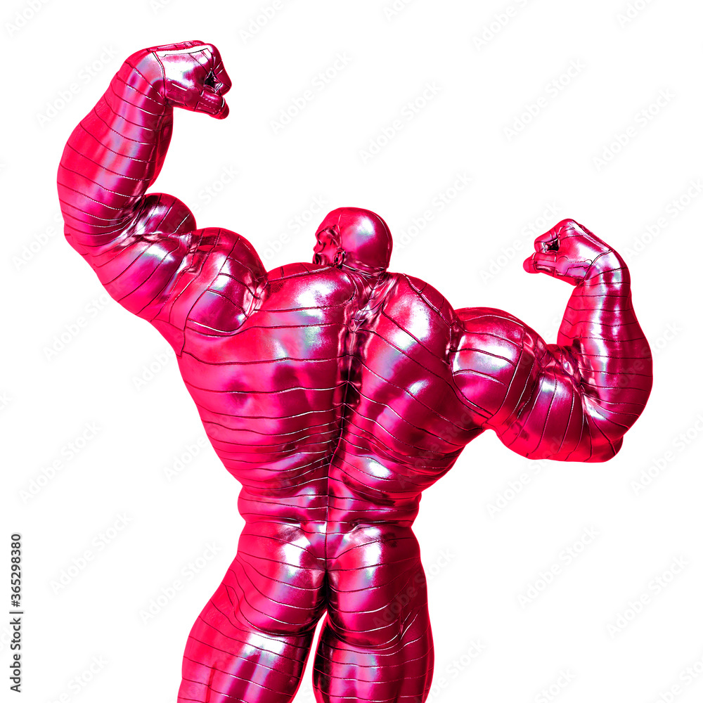 man made of steel doing a bodybuilder pose rear ou back view in a white ...