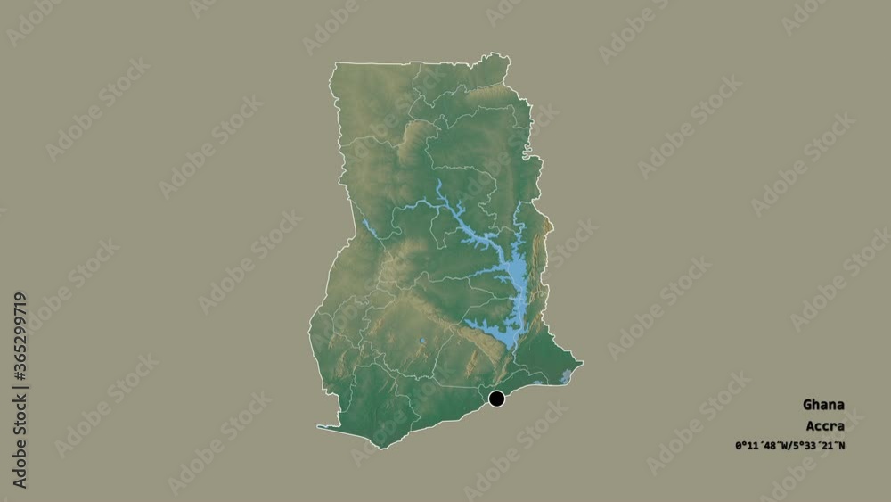 Oti, region of Ghana, with its capital, localized, outlined and zoomed ...