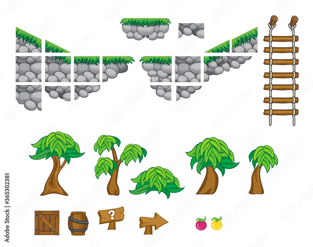 Vetor de set of game assets, icon, element, tileable seamless tileset ...