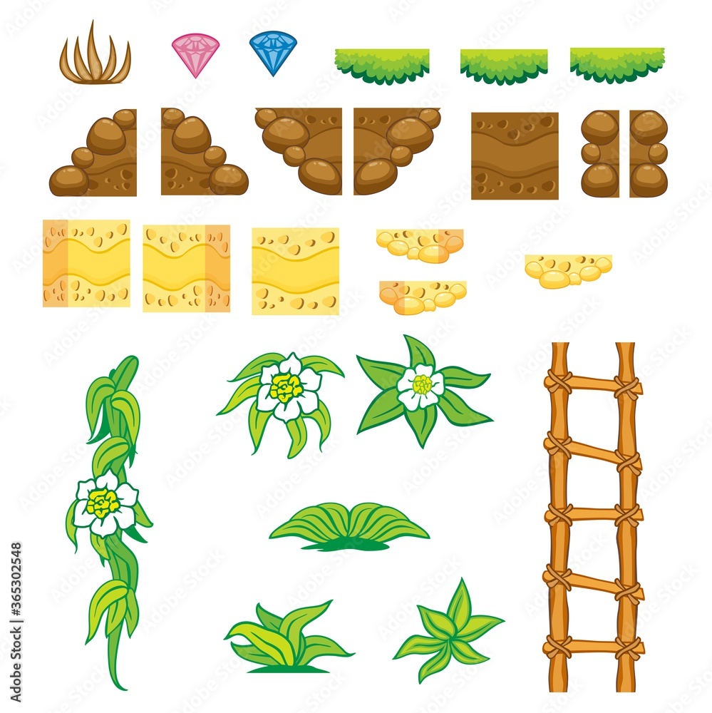 set of game assets, icon, element, tileable seamless tileset, Useful ...