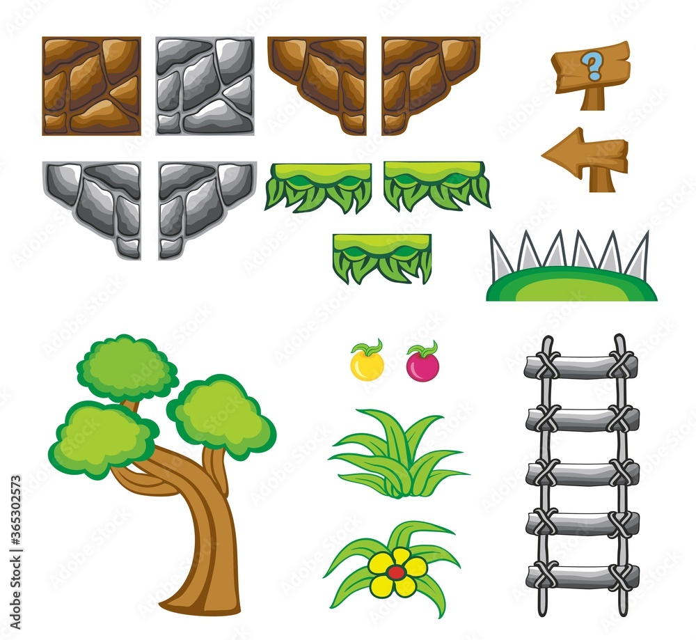 set of game assets, icon, element, tileable seamless tileset, Useful ...
