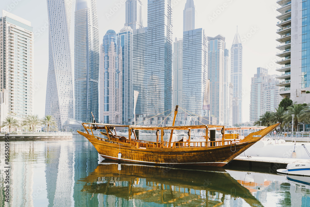 Dubai; UAE - June 6, 2020: Traditional Arabic Dhow boat standing at ...