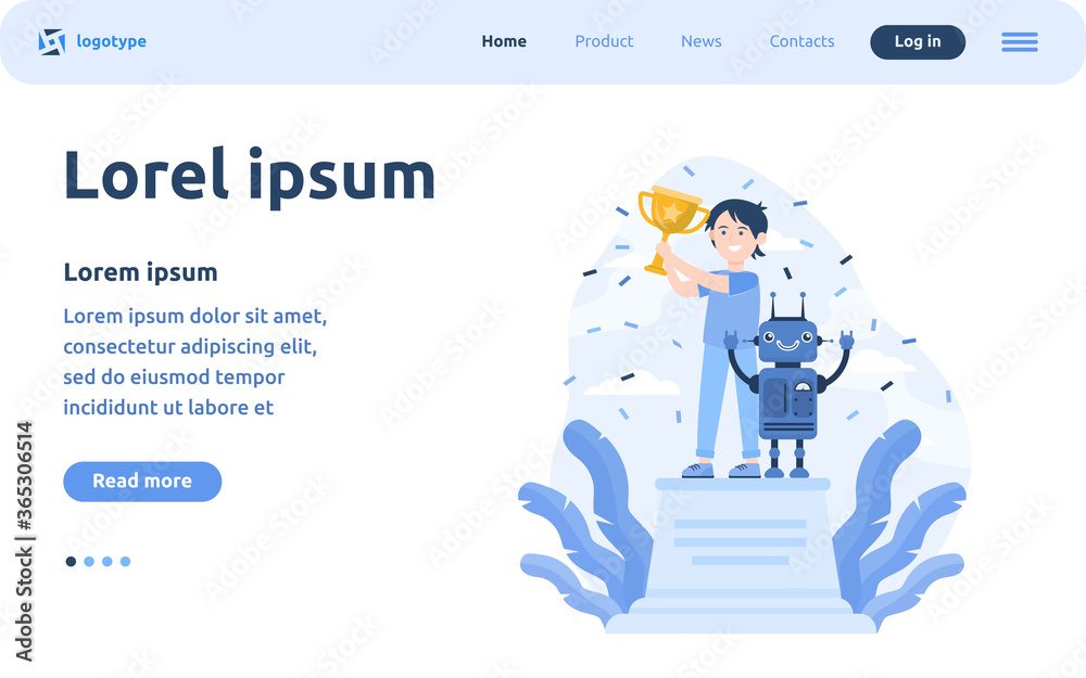 School child winning robotics competition. Kid and robot standing on ...