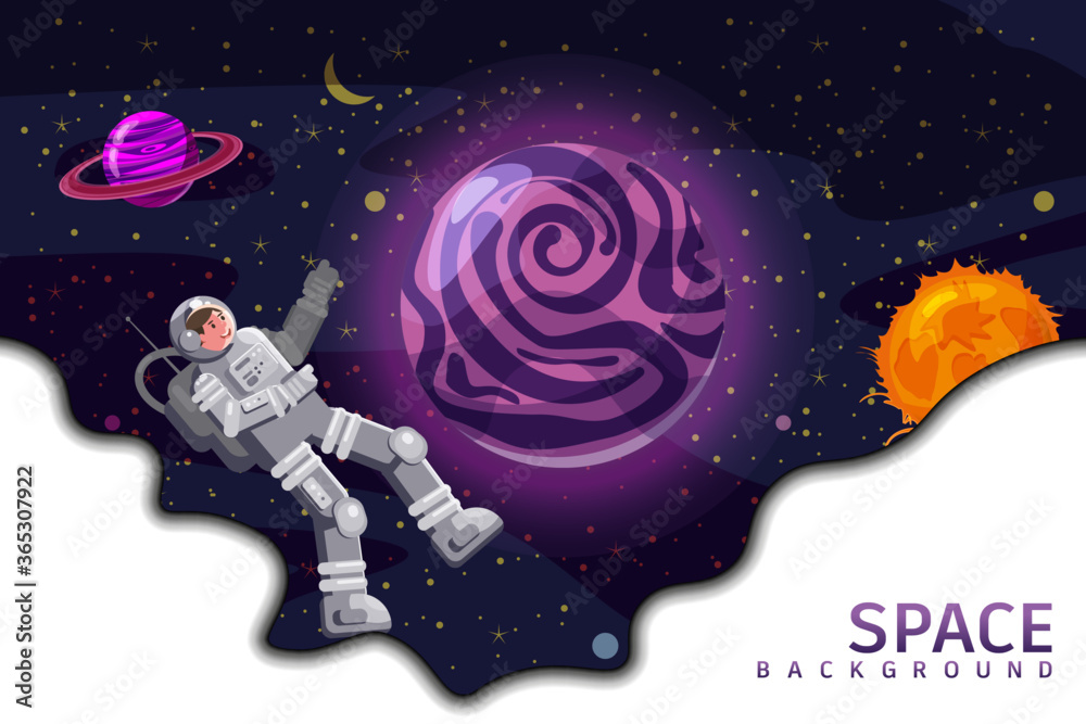 Space background card with spaceman, black hole, planets, stars ...