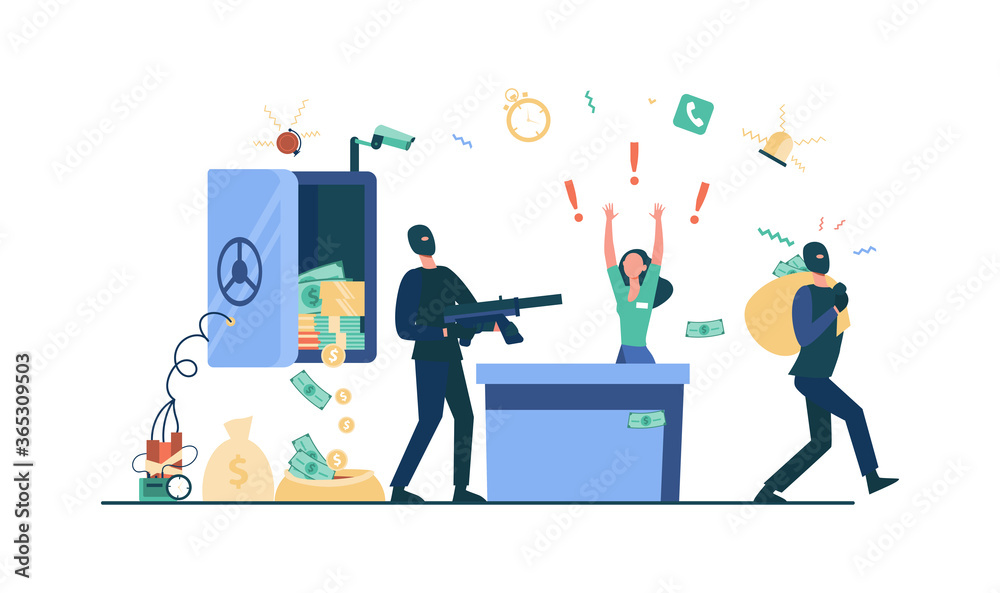 Bank robbery concept. Criminals in face masks aiming riffle at bank ...