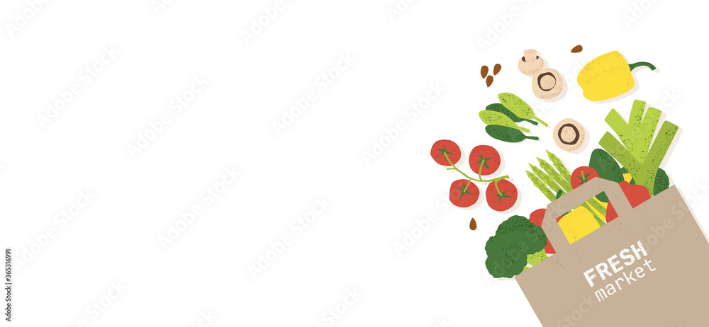 Healthy food banner. Vegetables in paper bag, including bell pepper ...