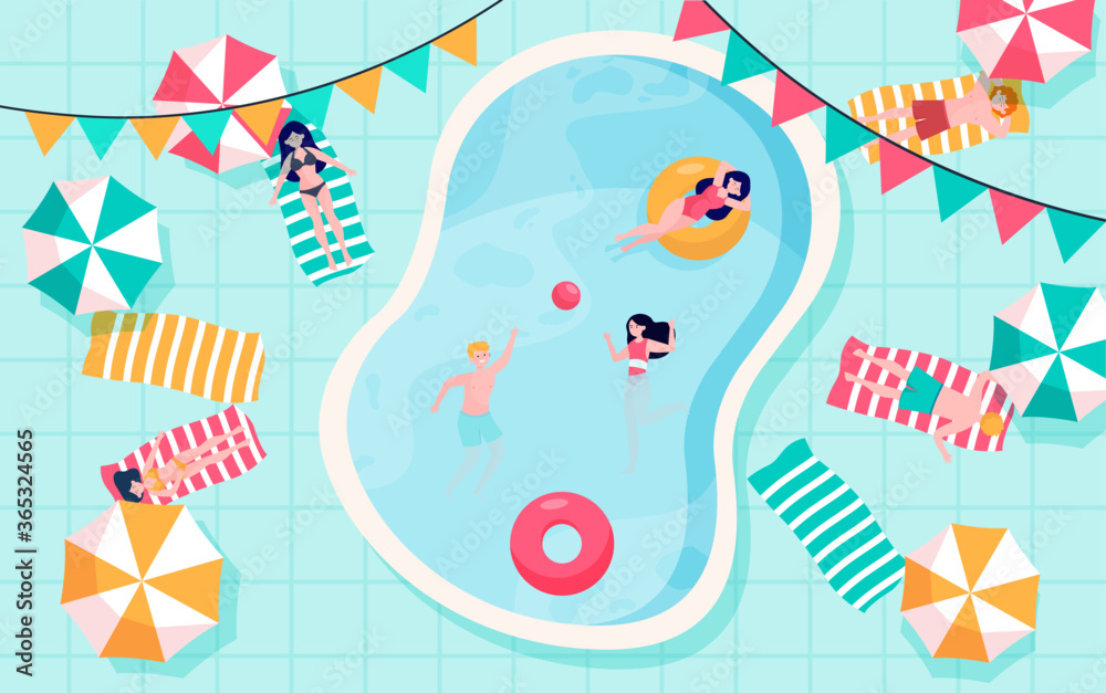 Happy people relaxing at swimming pool. Young men and women in swimwear ...