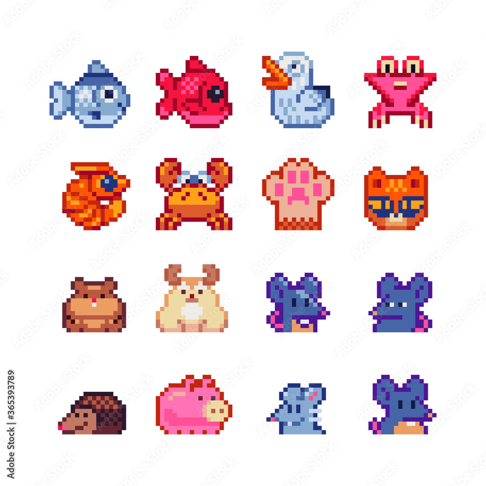 Animals characters pixel art icons set, mosaic design, fish, duck ...