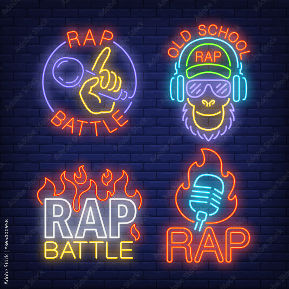 Rap neon signs set with flames and microphones. Rap battle ...