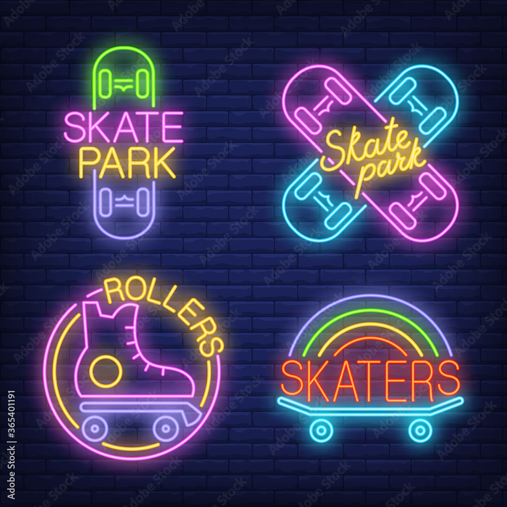 Skateboards and rollers neon signs set. Skate park advertisement design ...