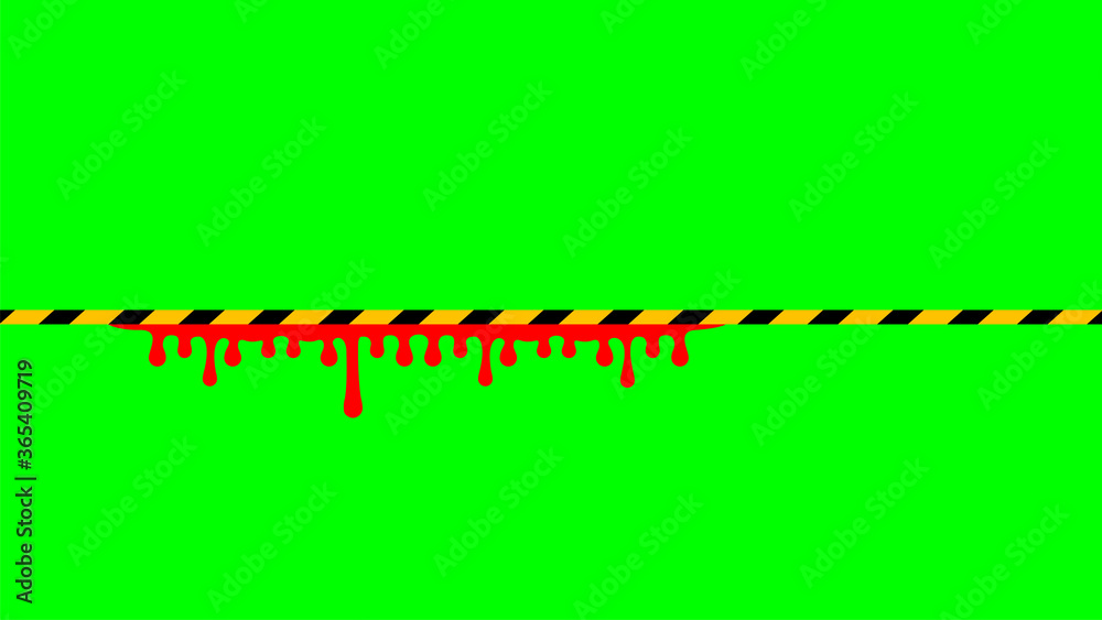caution tape stripe and blood drop on green screen background, red ...