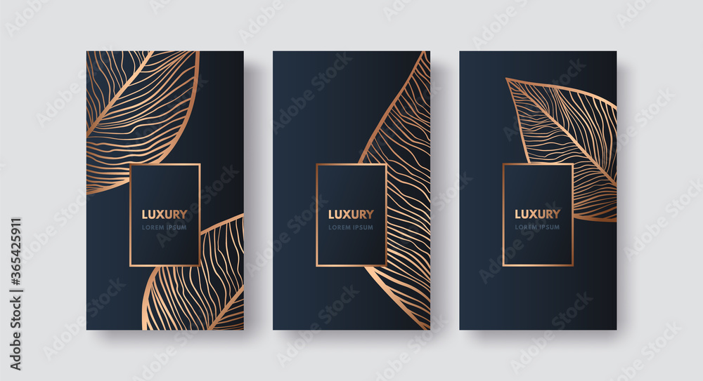 Vector set packaging templates with gold leaves for luxury products ...