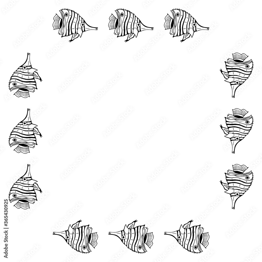 Square frame with black-and-white sea fish on white background. Chelmon ...