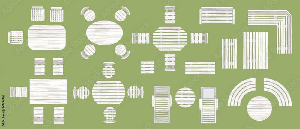 Outdoor wooden furniture. (top view) Vector set. Tables, benches ...